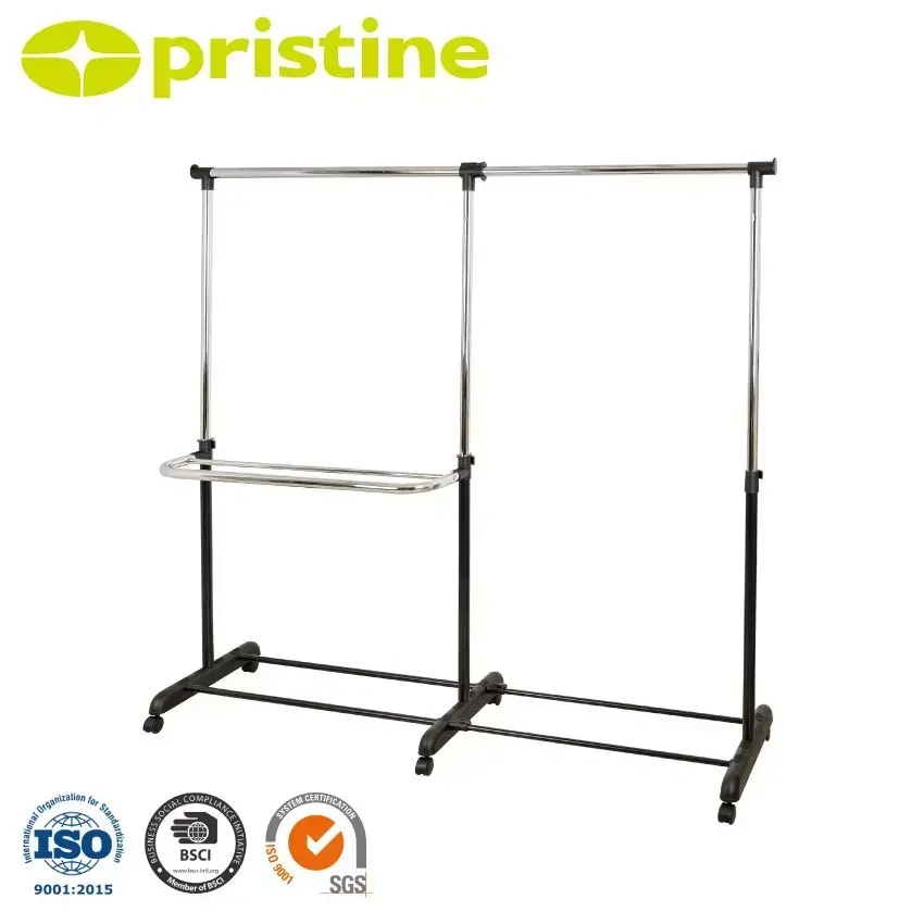 Adjustable Double Garment Rack Clothing Rail With Wheels